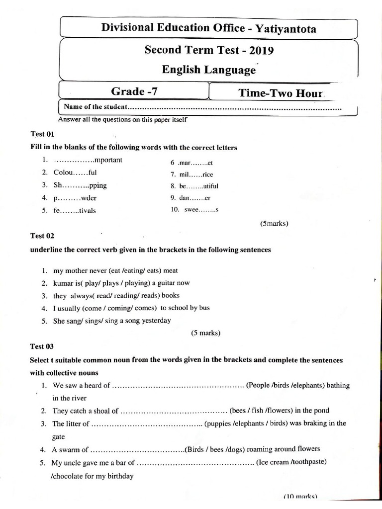 English - Grade 7 - Second Term Test 2019 - Yatiyantota Division | PDF