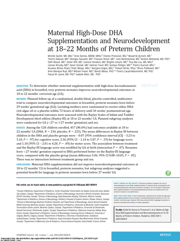 Maternal High-Dose DHA Supplementation and Neurodevelopment at 18-22 ...
