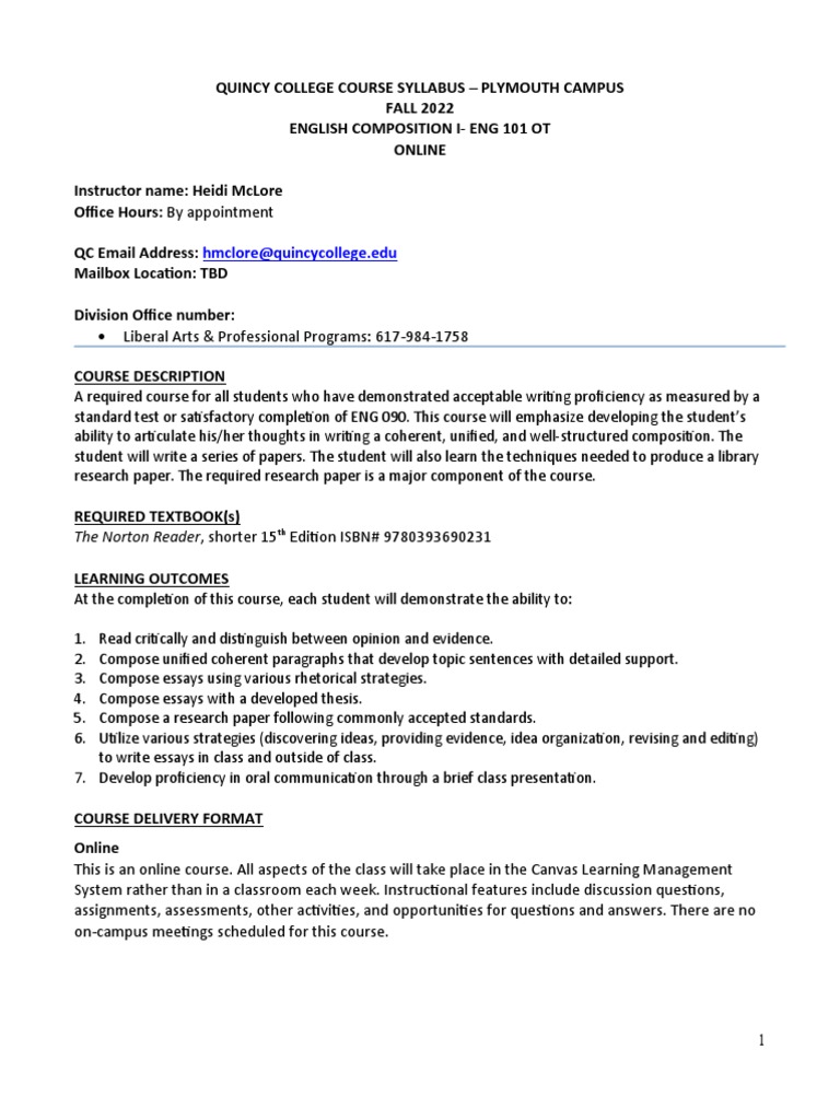 Quincy College English Composition I Syllabus | PDF | Essays | Test ...