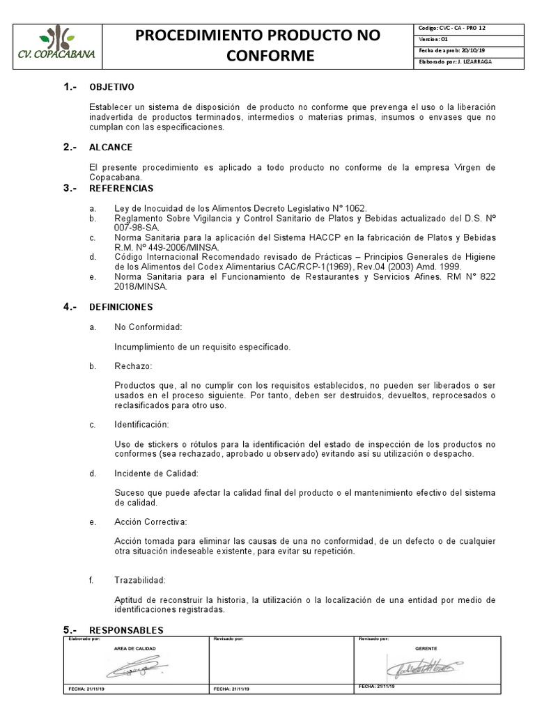 Modelo Procedimiento de Producto No Conforme | PDF | Análisis de Riesgo ...