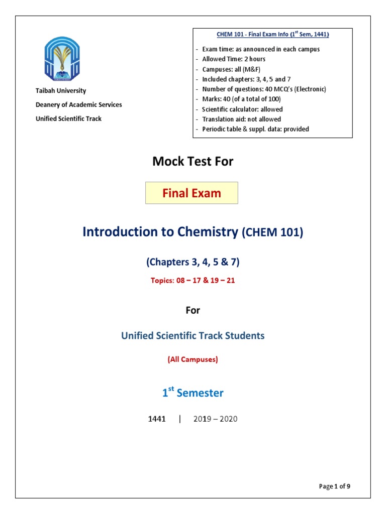 Chem 101 Mock Test For Final Exam 1st Sem 1441 Pdf Mole Unit