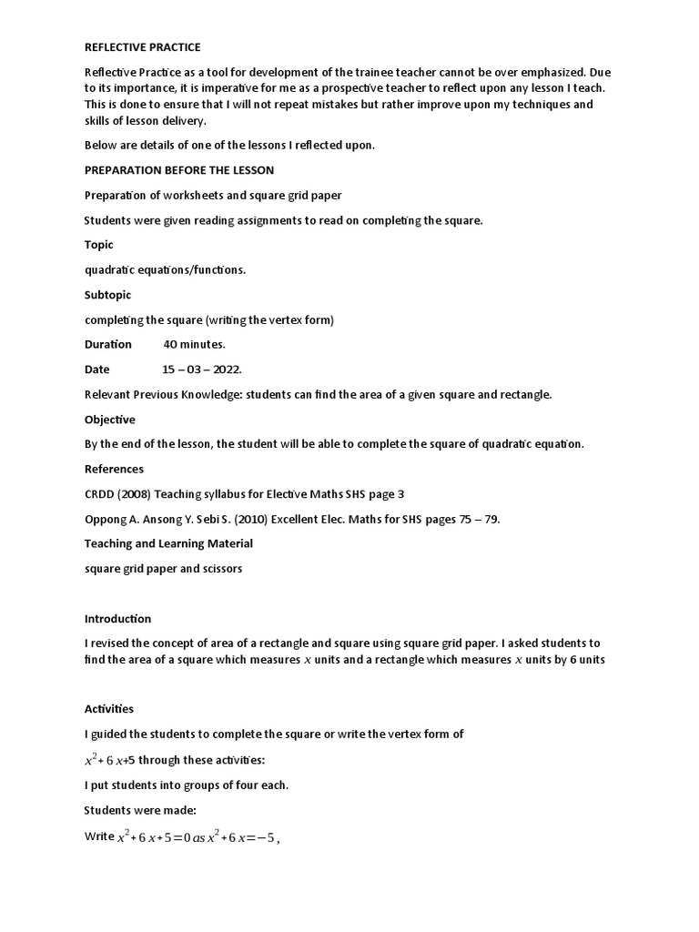 Reflective Practice | PDF | Quadratic Equation | Behavior Modification