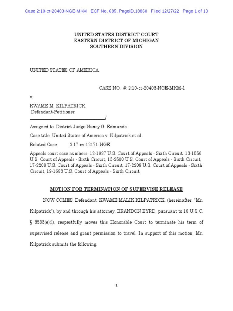 Kilpatrick's Motion for Release Termination | PDF | United States ...