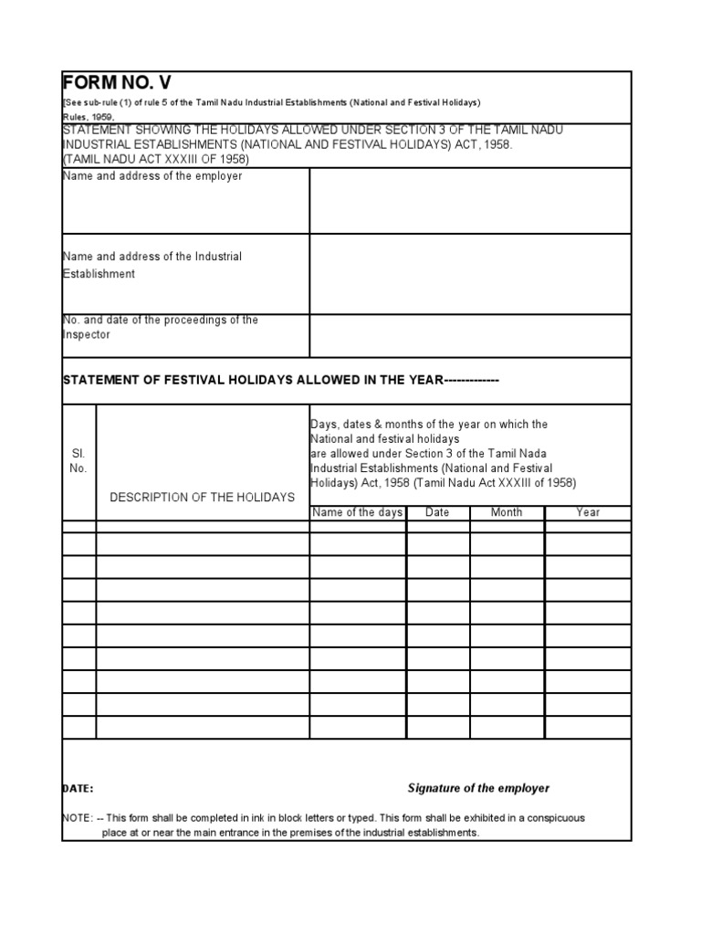 Form IV E and Form V - List of Holidays Forms.210134749 | PDF