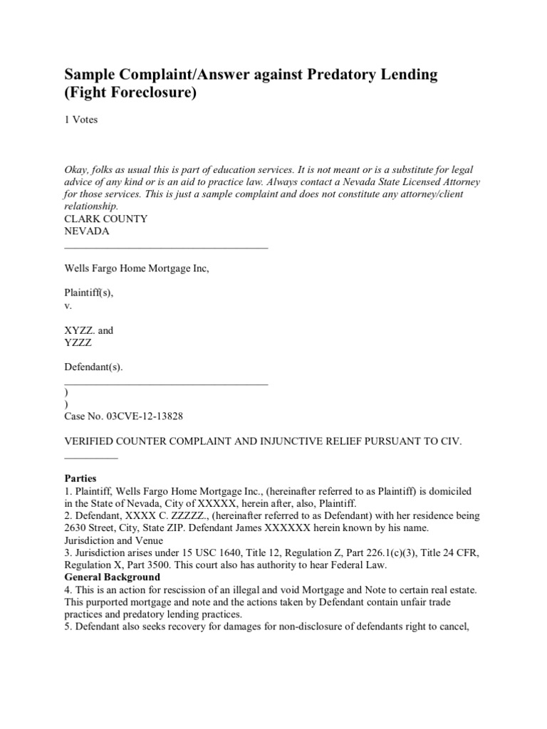 Sample Complaint | Truth In Lending Act | United States Code