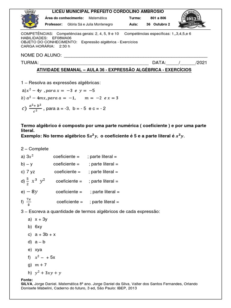 Exercícios de Expressões Algébricas 8º Ano | PDF