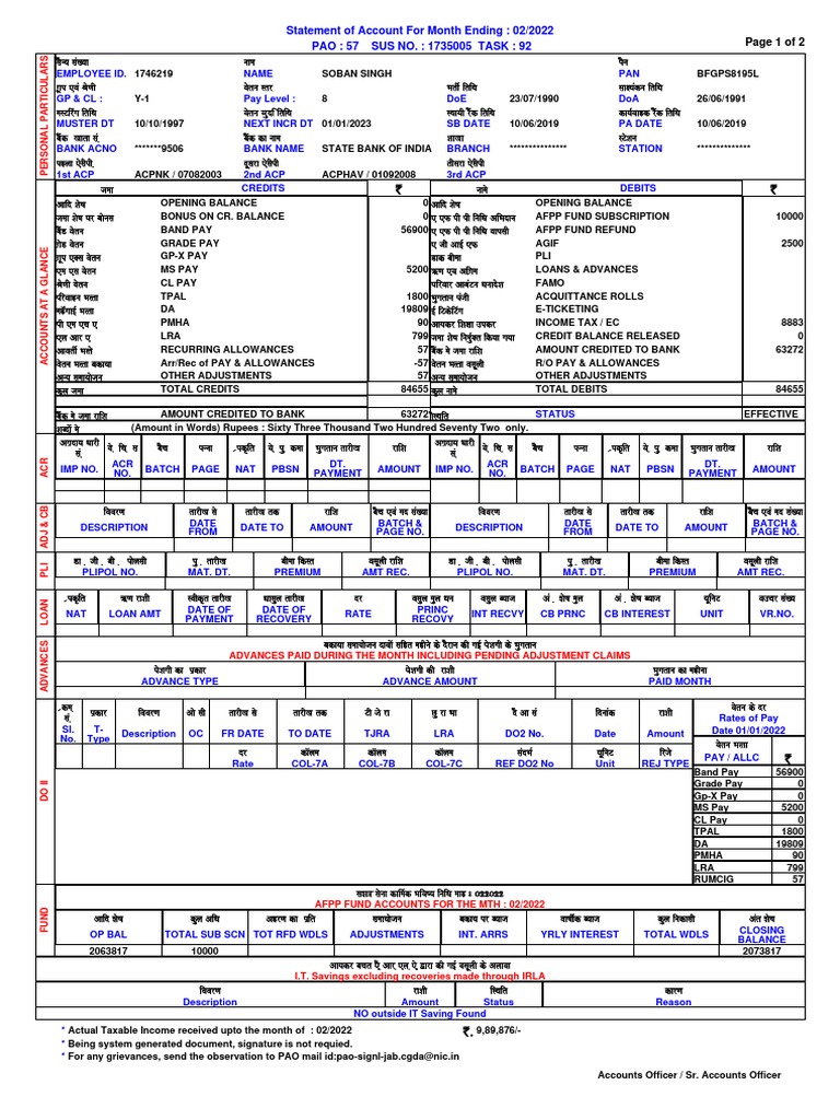 Statement of Account For Month Ending: 02/2022 PAO: 57 SUS NO.: 1735005 ...