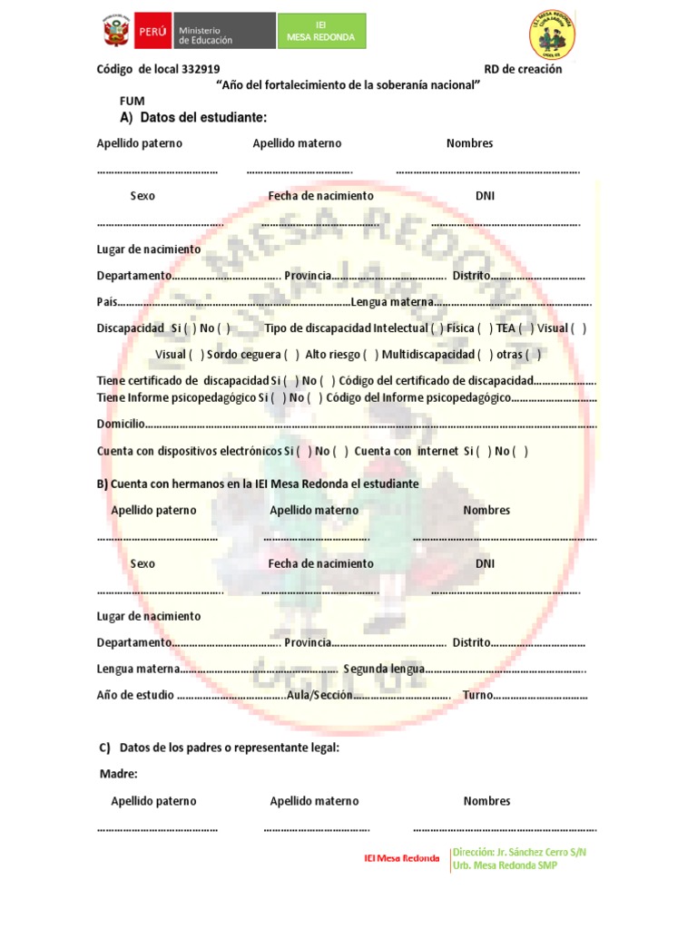 Ficha Datos Del Estudiante IEI Mesa Redonda | PDF | Apellido