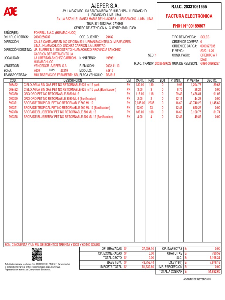 Factura Electrónica AJEPER S.A. 2022 | PDF