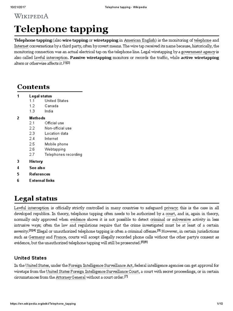 Telephone Tapping - Wikipedia | PDF | Telephone Tapping | National Security