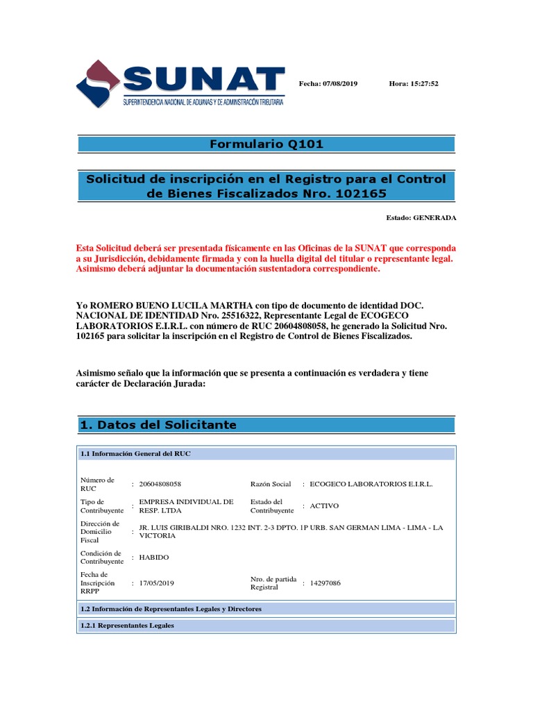Formulario Q101 SUNAT: Inscripción Registro | PDF
