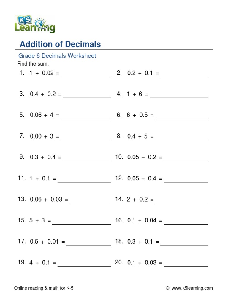 Grade 6 Adding Decimals 0 2 Digits A | PDF