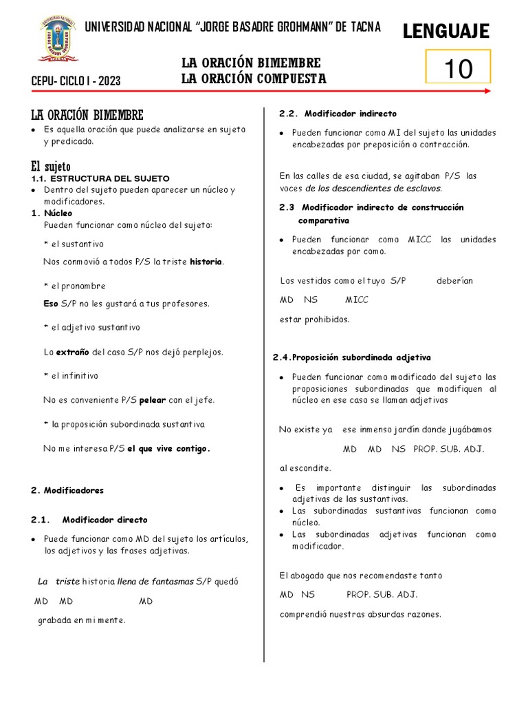 Práctica N°10 Lenguaje | PDF | Oración (Lingüística) | Mecánica del lenguaje