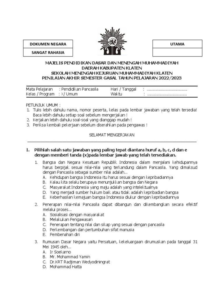 Soal - PPKN - X - Gasal 2022-2023 | PDF Soal - PPKN - X - Gasal 2022-2023 | PDF