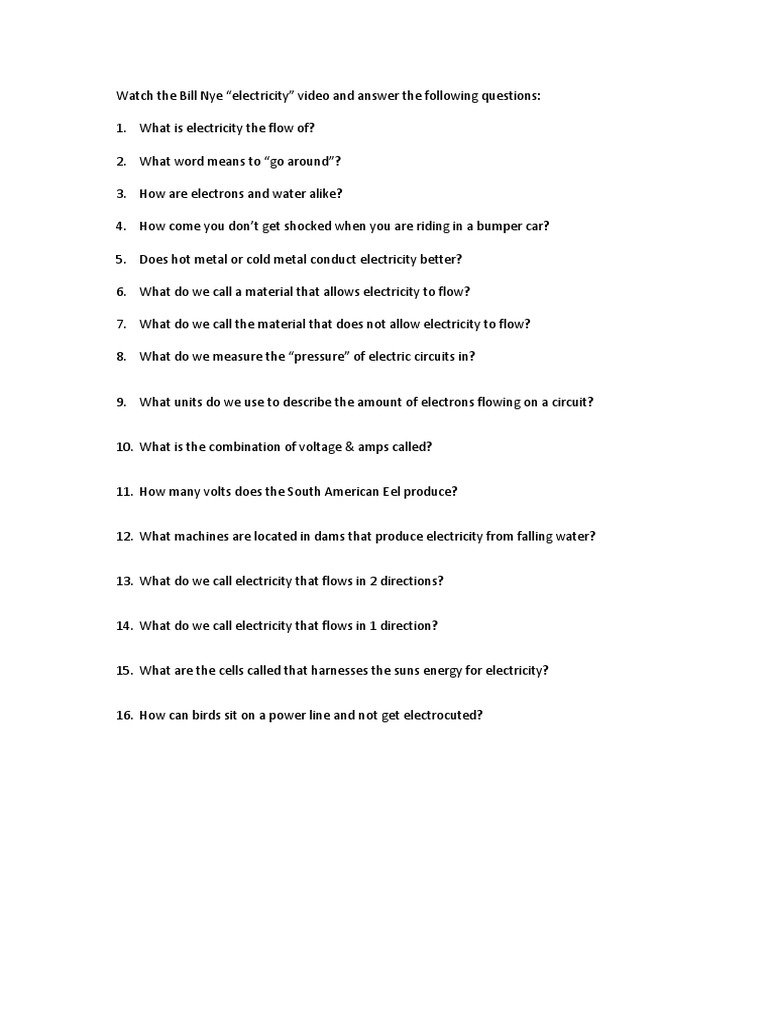 Bill Nye Electricity Questions | PDF