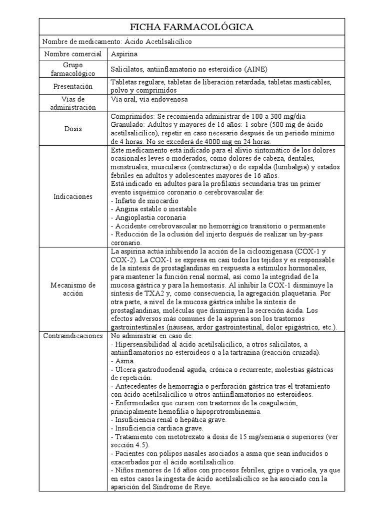 Ficha Farmacológica - ASPIRINA | PDF | Aspirina | Droga anti-inflamatoria libre de esteroides
