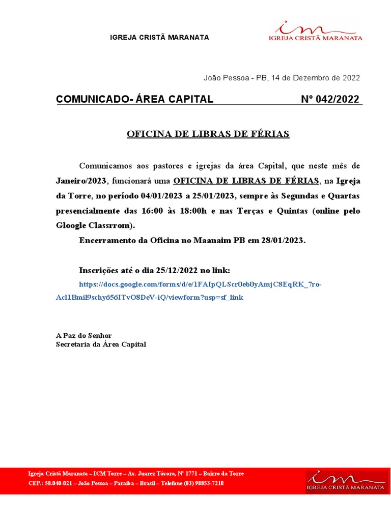 Comunicado #042-2022 - OFICINA DE LIBRAS DE FÉRIAS - ICM TORRE | PDF