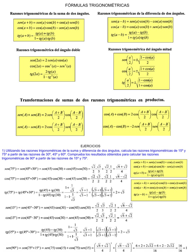 Formulas e Identidades Trigonométricas Ejemplos y Ejercicios Resueltos ...