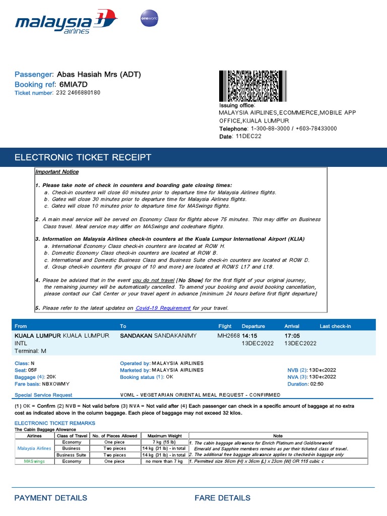 Your Electronic Ticket-EMD Receipt | PDF | Transport | Aviation
