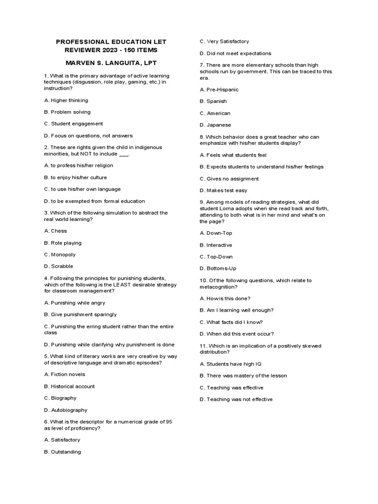 Prof Ed 2023 Let Reviewer | PDF | Teachers | Educational Assessment
