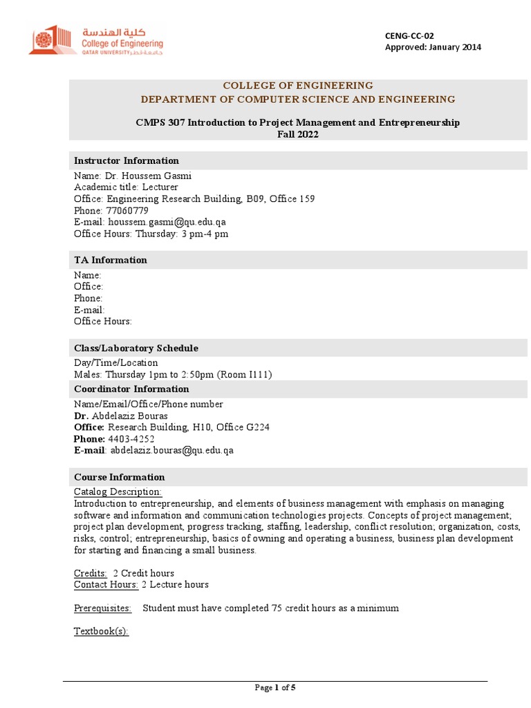 CMPS 307 Fall 2022 | PDF | Project Management | Cognition