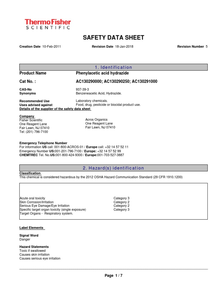 Phenylacetic Acid Hydraz 25GR PDF | PDF | Personal Protective Equipment ...