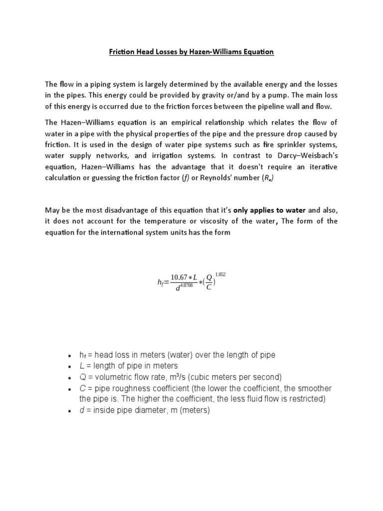 Hazen Williams Equation | PDF