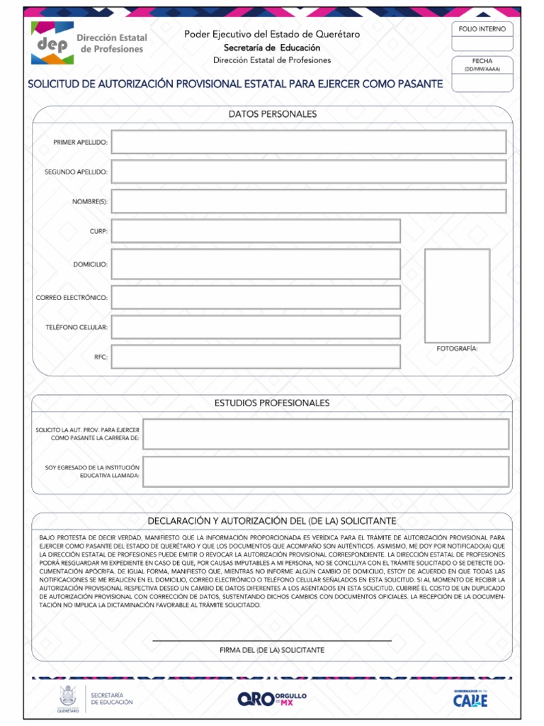 FORMATO DE SOLICITUD DE AUTORIZACIÓN PROVISIONAL PARA EJERCER COMO PASANTE | PDF