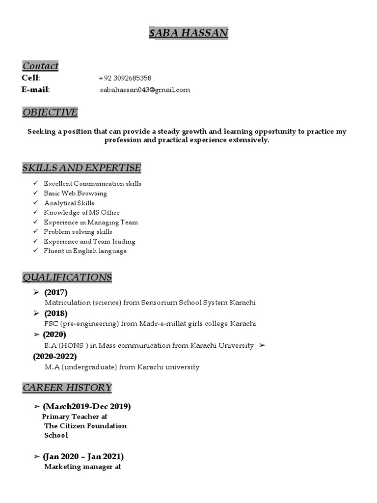 Resume Saba Hassan | PDF