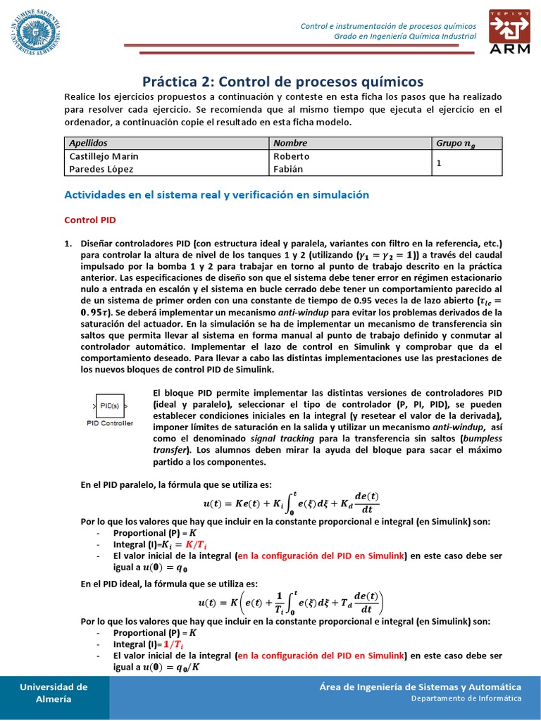 Práctica 2: Control de Procesos Químicos: Actividades en El Sistema Real y Verificación en ...