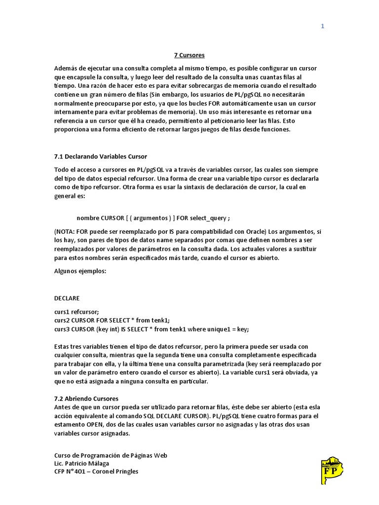 7 Cursores | PDF | Tipo de datos | Variable (informática)