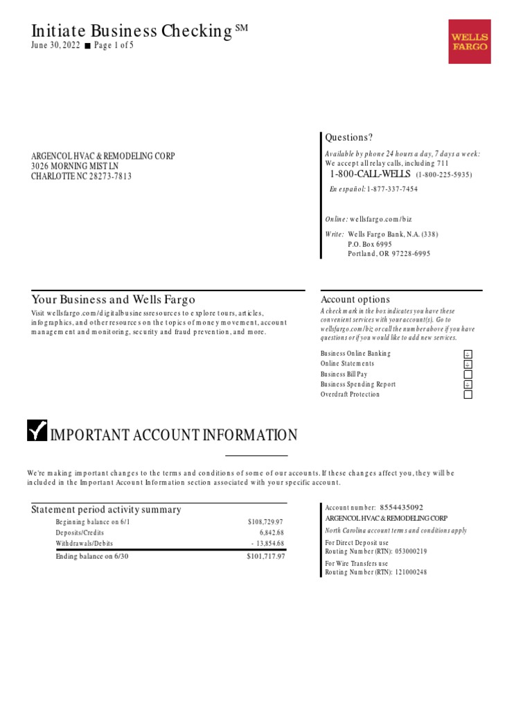 Wells Fargo Statement - June 2022 | PDF | Overdraft | Transaction Account