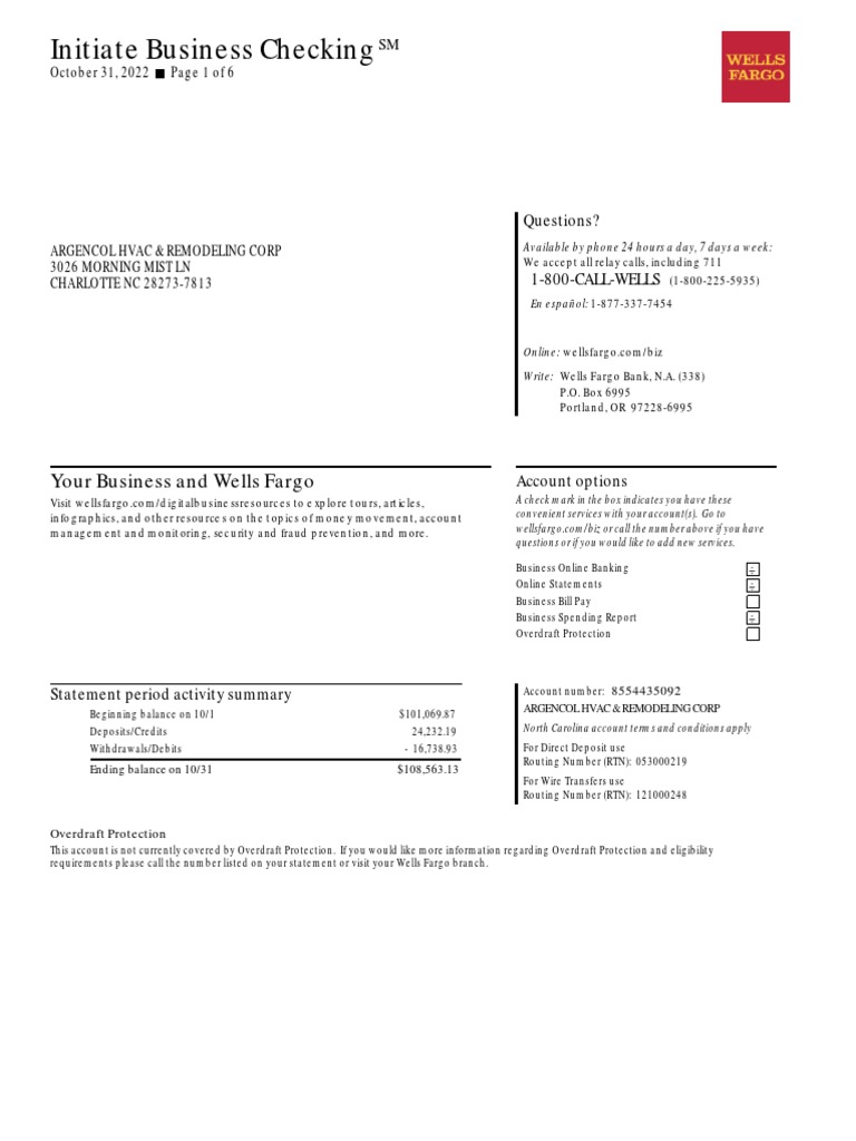Wells Fargo Statement - Oct 2022 | PDF | Overdraft | Banks