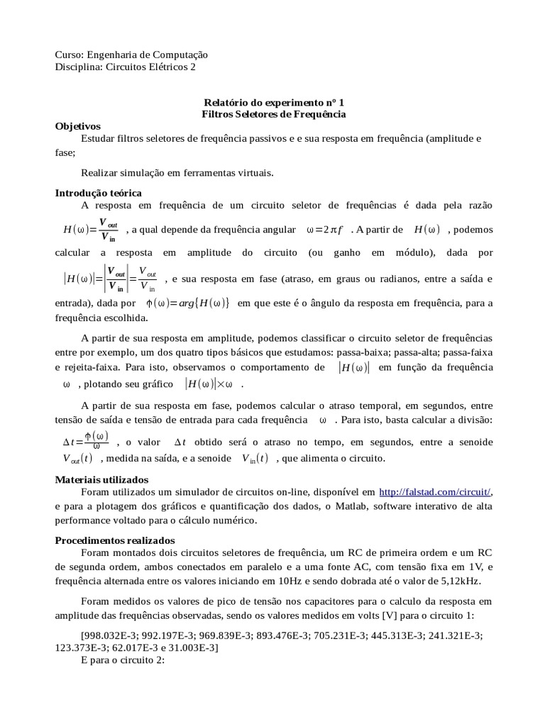 Filtros Seletores de Frequencia | PDF | Rede elétrica | Frequência