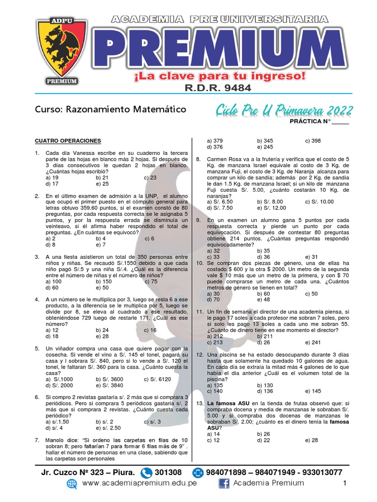 Raz Matem Pre U Prim22 03 Cuatro Operaciones | PDF | Sustracción