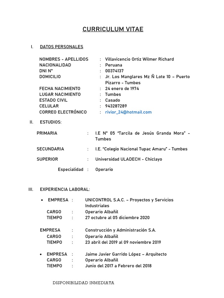 Curriculum Vitae de Villavicencio Ortiz Wilmer Richard | PDF