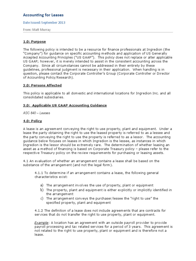 Accounting Policy for Leases | PDF | Lease | Renting