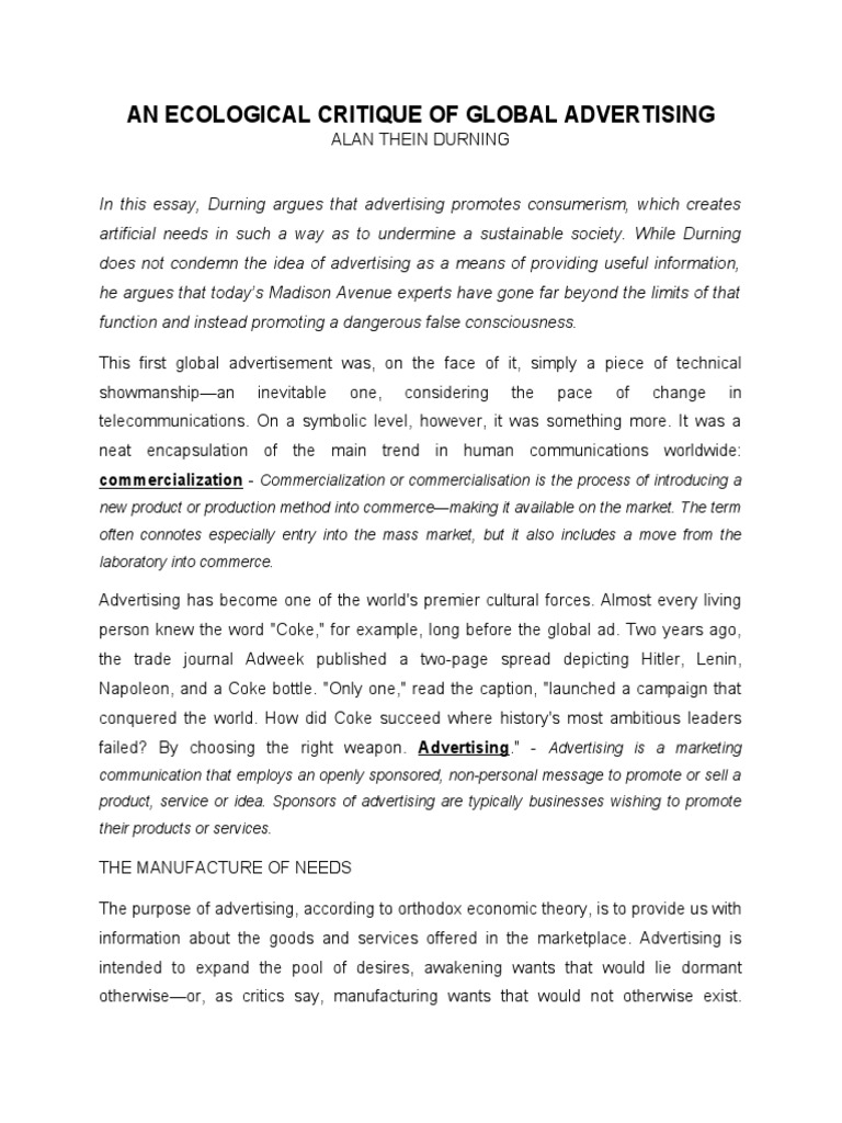 Ecological Critique of Advertising | PDF | Advertising | Consumerism