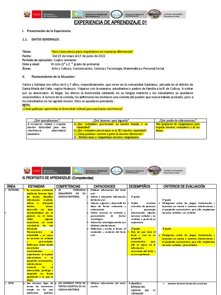 Experiencia de Aprendizaje 1° | PDF | Experiencia | Aprendizaje