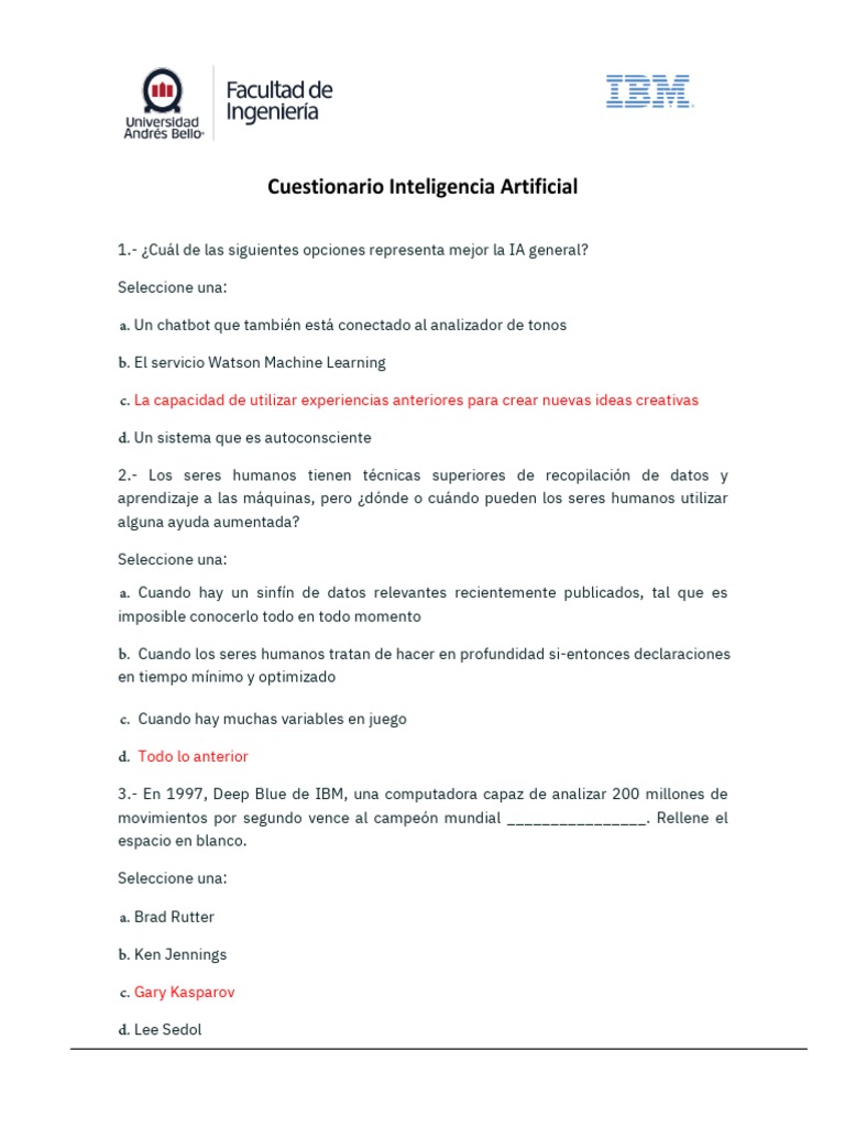 Cuestionario IA | PDF | Inteligencia artificial | Inteligencia (IA) y ...