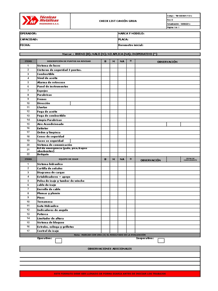 TM-SSOMA-F-014 Check List Camion Grua | PDF | Tecnología de vehículos ... TM-SSOMA-F-014 Check List Camion Grua | PDF | Tecnología de vehículos ...