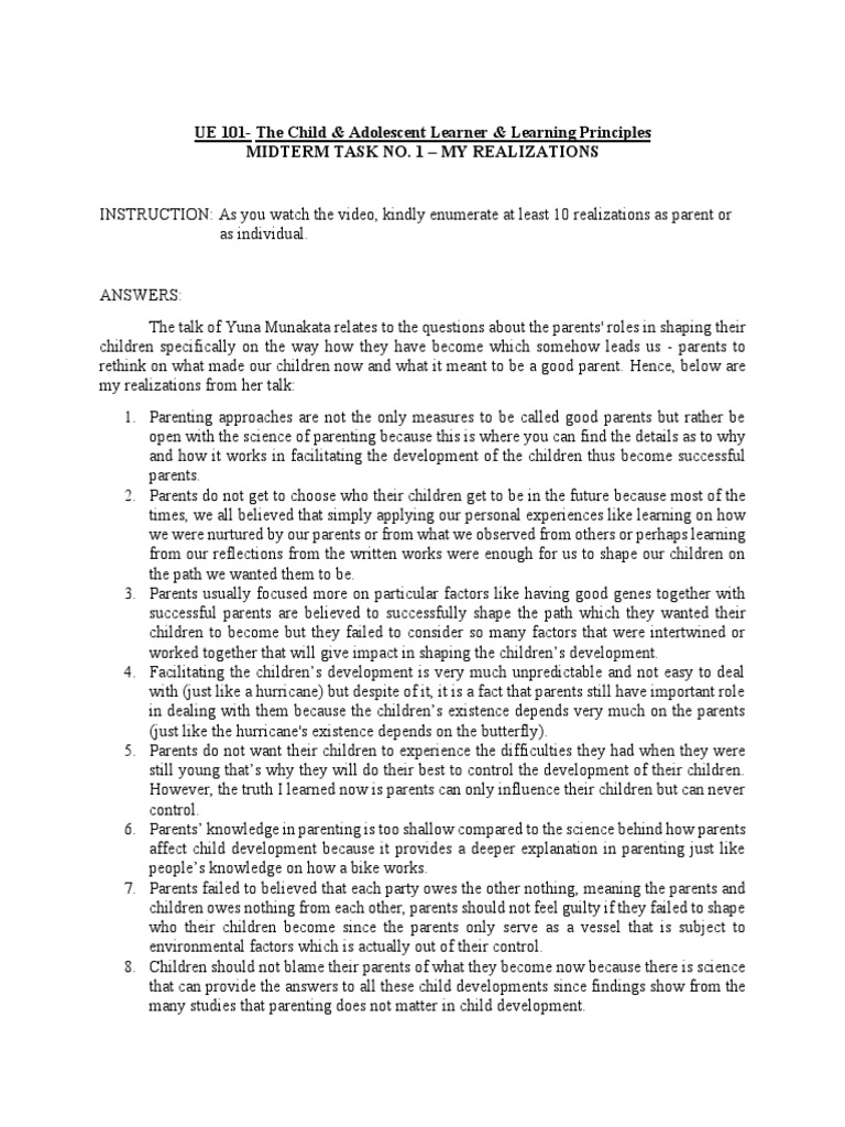 My Realization Paper On Child and Adolescent Learner | Download Free ...