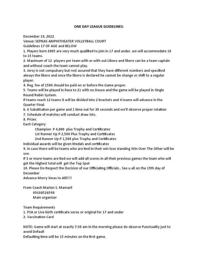 One Day Volleyball League Guidelines | PDF