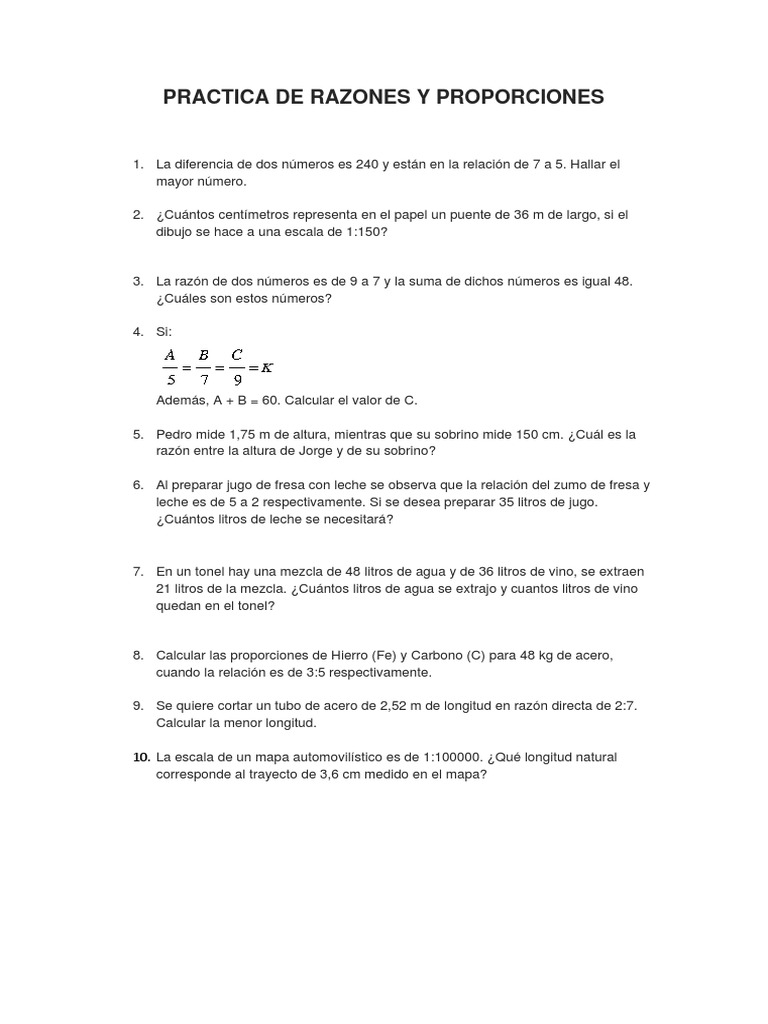 Razones y proporciones: Ejercicios de práctica | PDF