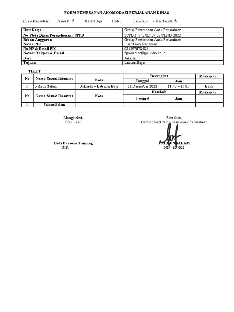 FORM PEMESANAN AKOMODASI PERJALANAN DINAS (Pak Fafan - Labuan Bajo) | PDF