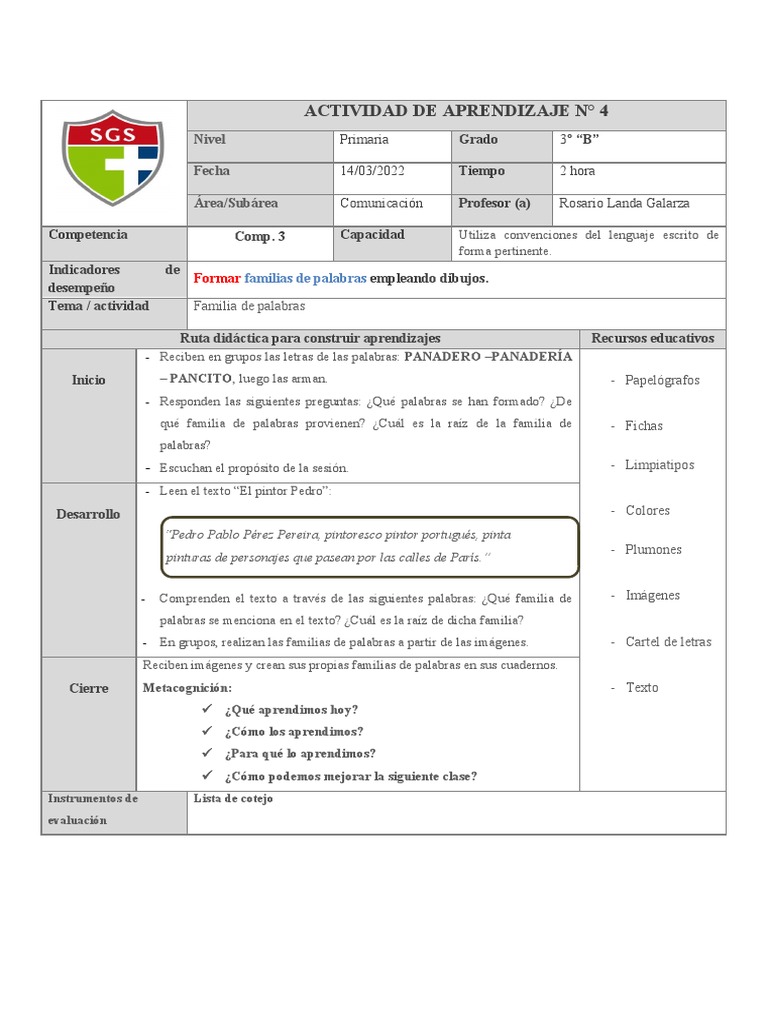 Actividad sobre Familias de Palabras | PDF | Enseñando | Comunicación