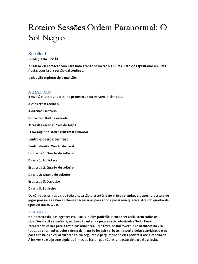 Roteiro: Ordem Paranormal - O Sol Negro | PDF | Casa e Jardim | Arte