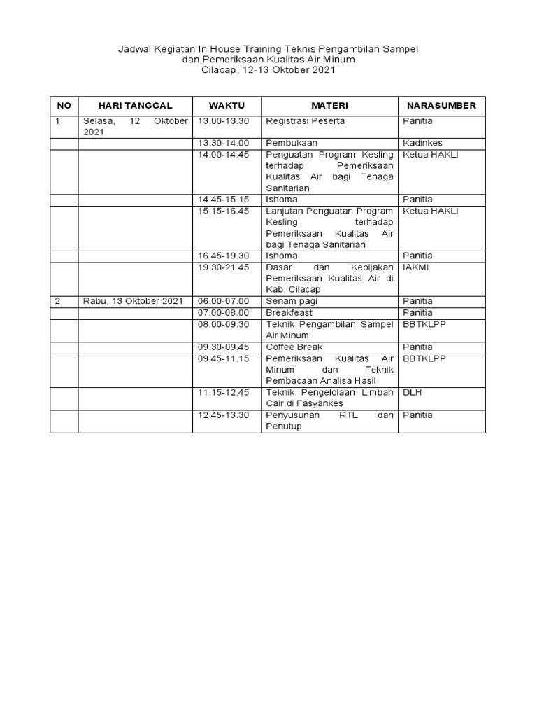 Jadwal Kegiatan Inhouse Training Teknis Pengambilan Sampel Air | PDF | Sains & Matematika