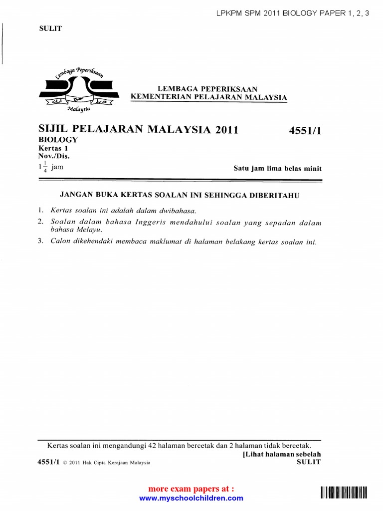 SPM 2011 Biologi Kertas 1 Soalan dan Jawapan | PDF