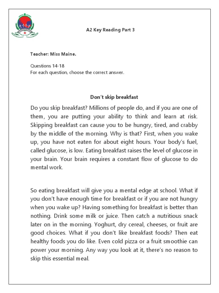 Breakfast. A2 Key Reading Part 2 | PDF